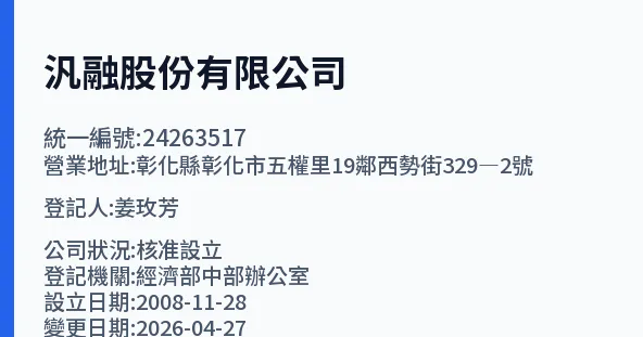 汎融股份有限公司的照片-統編 24263517(彰化縣) 公司登記資料與營業項目詳細圖表