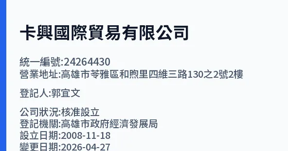 卡興國際貿易有限公司的照片-統編 24264430(高雄市) 公司登記資料與營業項目詳細圖表