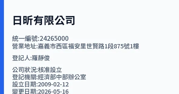 日昕有限公司的照片-統編 24265000(嘉義市) 公司登記資料與營業項目詳細圖表