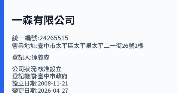 一森有限公司的照片-統編 24265515(臺中市) 公司登記資料與營業項目詳細圖表