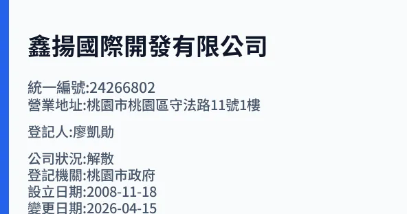 鑫揚國際開發有限公司的照片-統編 24266802(桃園市) 公司登記資料與營業項目詳細圖表