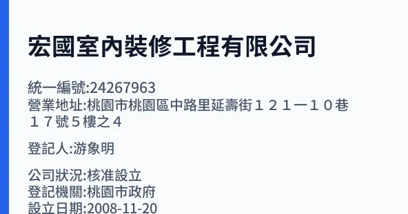 宏國室內裝修工程有限公司的照片-統編 24267963(桃園市) 公司登記資料與營業項目詳細圖表