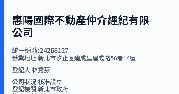 惠陽國際不動產仲介經紀有限公司的照片-統編 24268127(新北市) 公司登記資料與營業項目詳細圖表