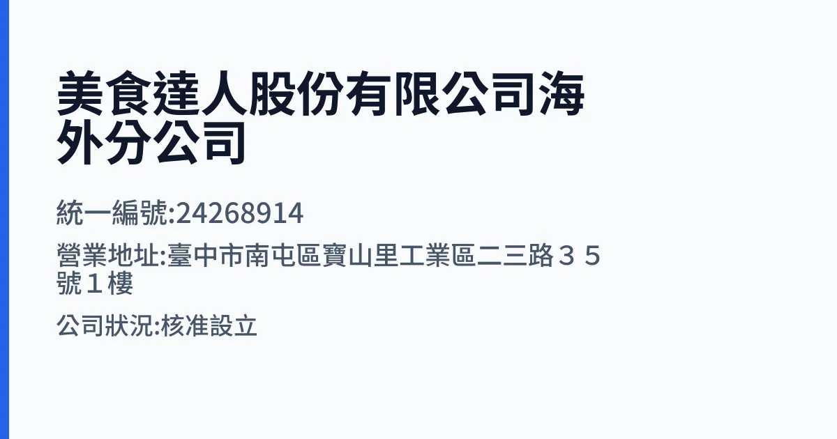 美食達人股份有限公司海外分公司 - 統編 24268914(臺中市) 公司登記資料與營業項目詳細圖表