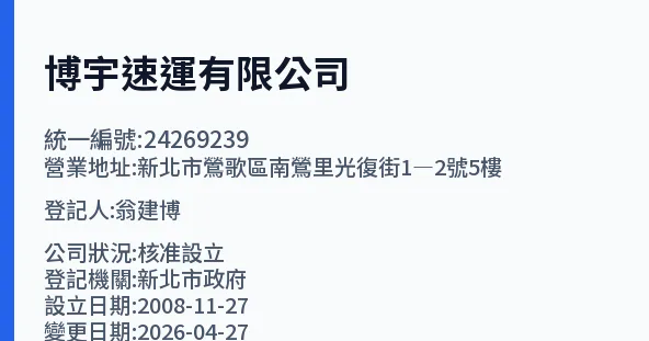 博宇速運有限公司的照片-統編 24269239(新北市) 公司登記資料與營業項目詳細圖表