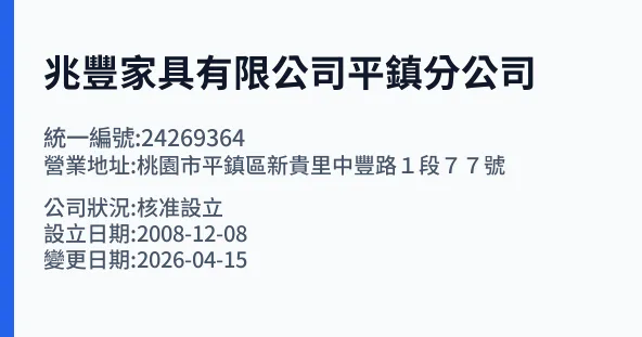 兆豐家具有限公司平鎮分公司的照片-統編 24269364(桃園市) 公司登記資料與營業項目詳細圖表
