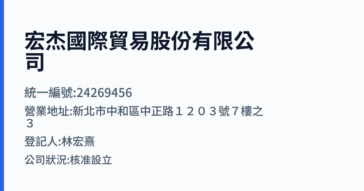宏杰國際貿易股份有限公司 - 統編 24269456(新北市) 公司登記資料與營業項目詳細圖表