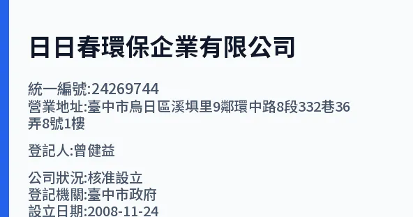 日日春環保企業有限公司的照片-統編 24269744(臺中市) 公司登記資料與營業項目詳細圖表