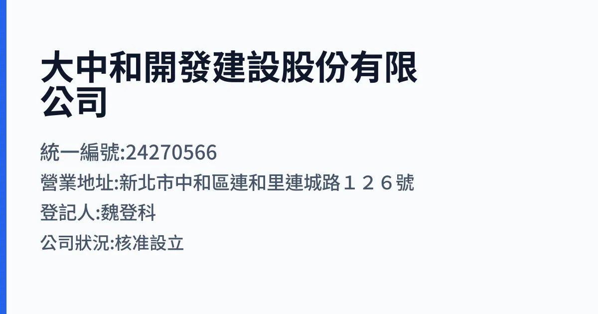 大中和開發建設股份有限公司 - 統編 24270566(新北市) 公司登記資料與營業項目詳細圖表