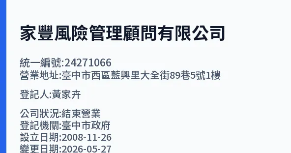 家豐風險管理顧問有限公司的照片-統編 24271066(臺中市) 公司登記資料與營業項目詳細圖表