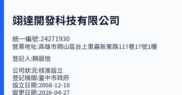 翊達開發科技有限公司的照片-統編 24271930(高雄市) 公司登記資料與營業項目詳細圖表