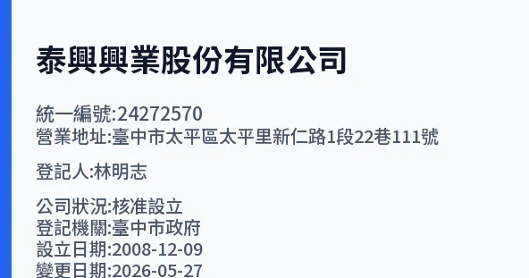 泰興興業股份有限公司的照片-統編 24272570(臺中市) 公司登記資料與營業項目詳細圖表