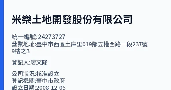 米樂土地開發股份有限公司的照片-統編 24273727(臺中市) 公司登記資料與營業項目詳細圖表