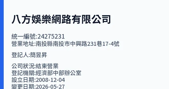 八方娛樂網路有限公司的照片-統編 24275231(南投縣) 公司登記資料與營業項目詳細圖表