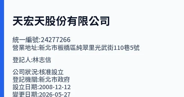天宏天股份有限公司的照片-統編 24277266(新北市) 公司登記資料與營業項目詳細圖表