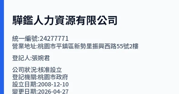 驊鑑人力資源有限公司的照片-統編 24277771(桃園市) 公司登記資料與營業項目詳細圖表