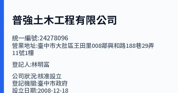 普強土木工程有限公司的照片-統編 24278096(臺中市) 公司登記資料與營業項目詳細圖表