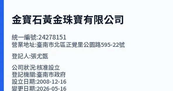 金寶石黃金珠寶有限公司的照片-統編 24278151(臺南市) 公司登記資料與營業項目詳細圖表