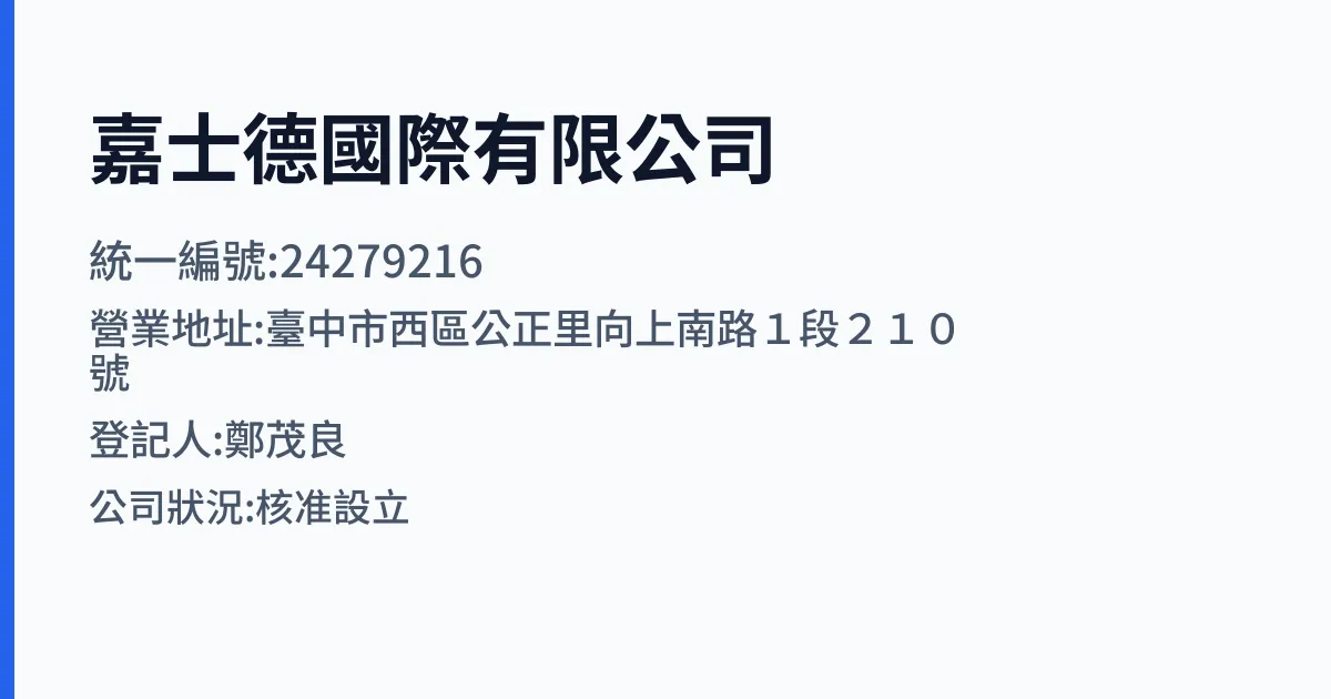 嘉士德國際有限公司 - 統編 24279216(臺中市) 公司登記資料與營業項目詳細圖表