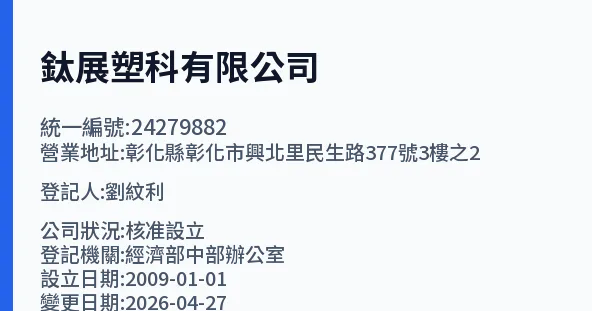 鈦展塑科有限公司的照片-統編 24279882(彰化縣) 公司登記資料與營業項目詳細圖表