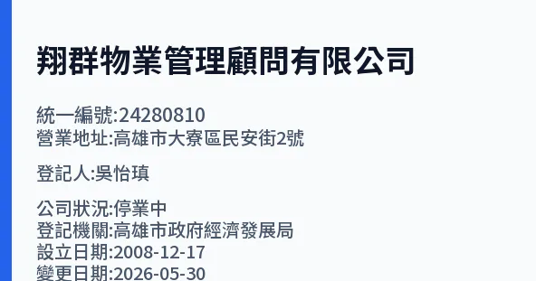 翔群物業管理顧問有限公司的照片-統編 24280810(高雄市) 公司登記資料與營業項目詳細圖表