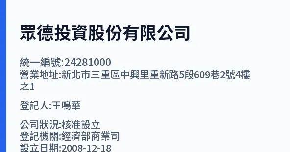 眾德投資股份有限公司的照片-統編 24281000(新北市) 公司登記資料與營業項目詳細圖表