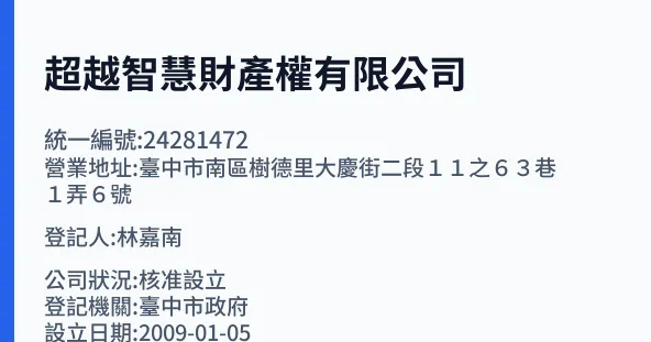 超越智慧財產權有限公司的照片-統編 24281472(臺中市) 公司登記資料與營業項目詳細圖表