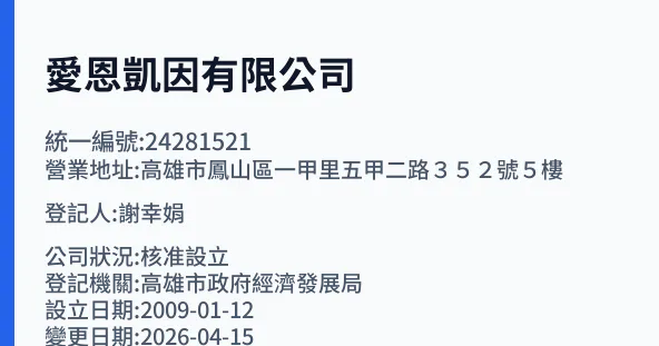 愛恩凱因有限公司的照片-統編 24281521(高雄市) 公司登記資料與營業項目詳細圖表