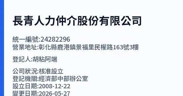 長青人力仲介股份有限公司的照片-統編 24282296(彰化縣) 公司登記資料與營業項目詳細圖表