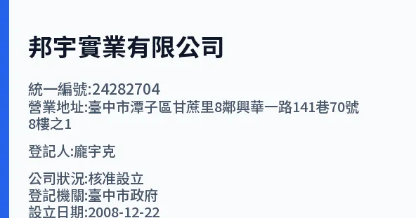 邦宇實業有限公司的照片-統編 24282704(臺中市) 公司登記資料與營業項目詳細圖表
