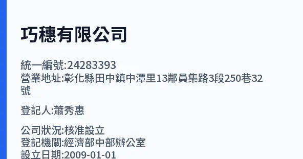 巧穗有限公司的照片-統編 24283393(彰化縣) 公司登記資料與營業項目詳細圖表