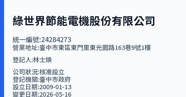 綠世界節能電機股份有限公司的照片-統編 24284273(臺中市) 公司登記資料與營業項目詳細圖表