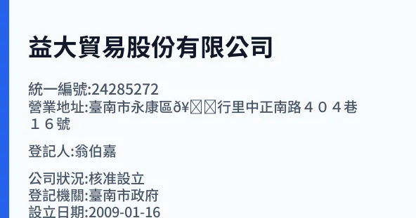 益大貿易股份有限公司的照片-統編 24285272(臺南市) 公司登記資料與營業項目詳細圖表