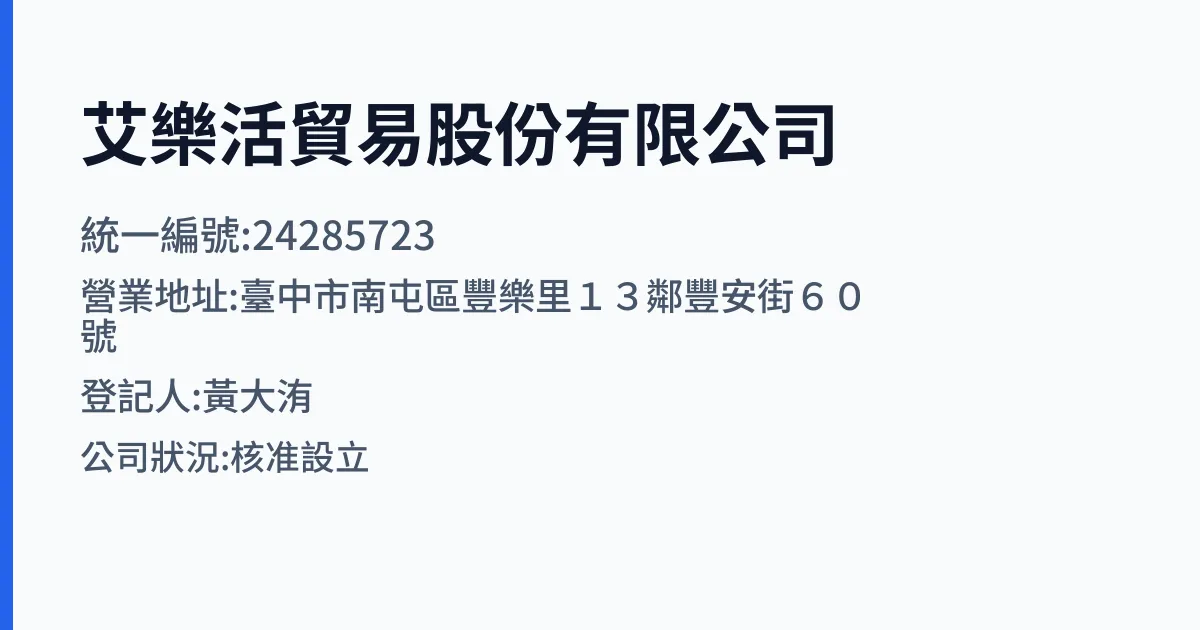艾樂活貿易股份有限公司 - 統編 24285723(臺中市) 公司登記資料與營業項目詳細圖表