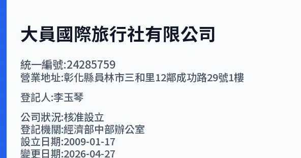 大員國際旅行社有限公司的照片-統編 24285759(彰化縣) 公司登記資料與營業項目詳細圖表