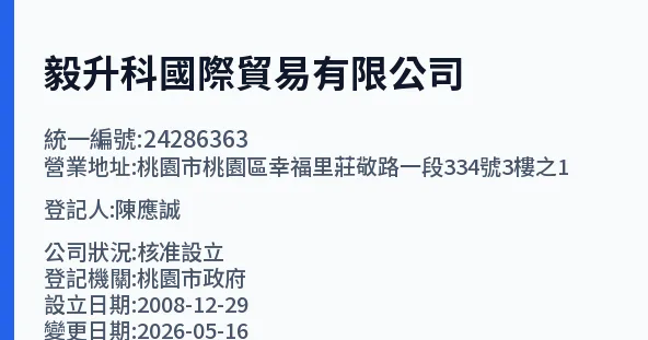 毅升科國際貿易有限公司的照片-統編 24286363(桃園市) 公司登記資料與營業項目詳細圖表