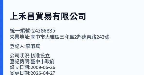 上禾昌貿易有限公司的照片-統編 24286835(臺中市) 公司登記資料與營業項目詳細圖表