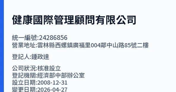 健康國際管理顧問有限公司的照片-統編 24286856(雲林縣) 公司登記資料與營業項目詳細圖表