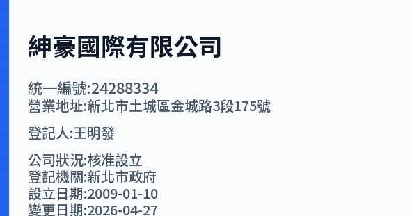 紳豪國際有限公司的照片-統編 24288334(新北市) 公司登記資料與營業項目詳細圖表