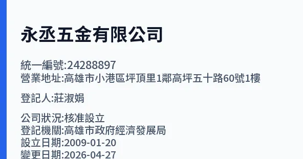 永丞五金有限公司的照片-統編 24288897(高雄市) 公司登記資料與營業項目詳細圖表