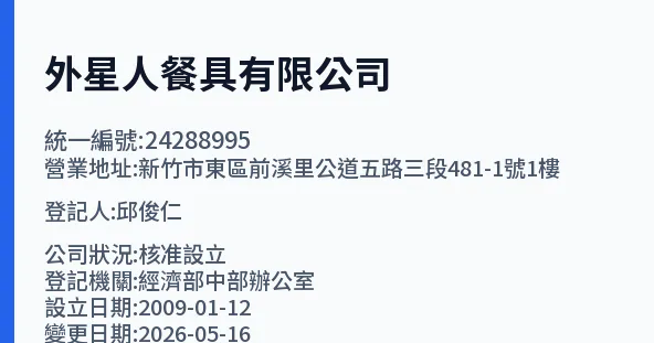 外星人餐具有限公司的照片-統編 24288995(新竹市) 公司登記資料與營業項目詳細圖表
