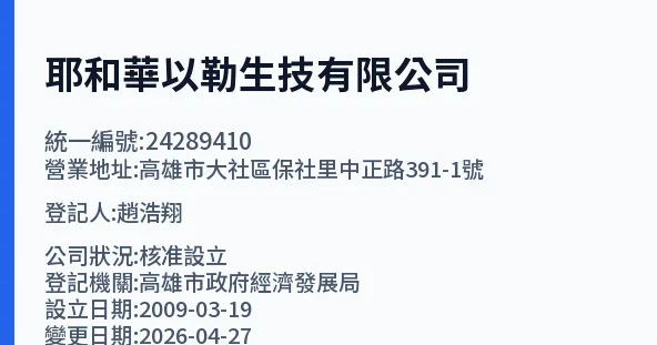 耶和華以勒生技有限公司的照片-統編 24289410(高雄市) 公司登記資料與營業項目詳細圖表