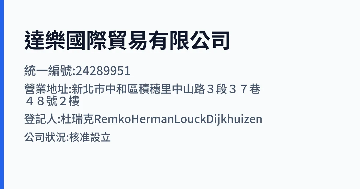 達樂國際貿易有限公司 - 統編 24289951(新北市) 公司登記資料與營業項目詳細圖表