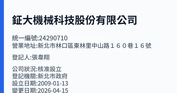 鉦大機械科技股份有限公司的照片-統編 24290710(新北市) 公司登記資料與營業項目詳細圖表