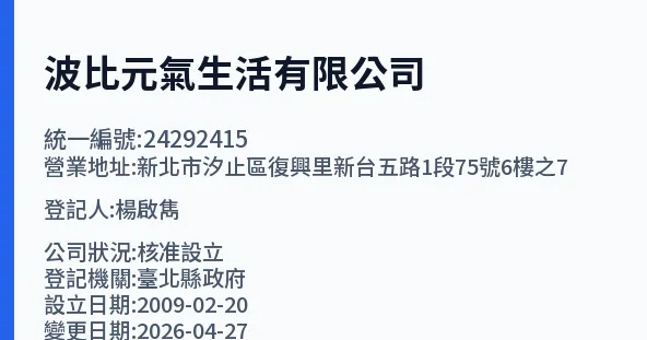 波比元氣生活有限公司的照片-統編 24292415(新北市) 公司登記資料與營業項目詳細圖表