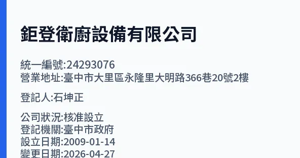 鉅登衛廚設備有限公司的照片-統編 24293076(臺中市) 公司登記資料與營業項目詳細圖表