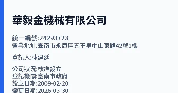 華毅金機械有限公司的照片-統編 24293723(臺南市) 公司登記資料與營業項目詳細圖表