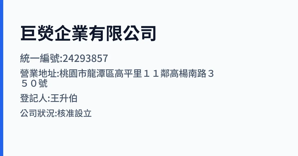 巨熒企業有限公司 - 統編 24293857(桃園市) 公司登記資料與營業項目詳細圖表
