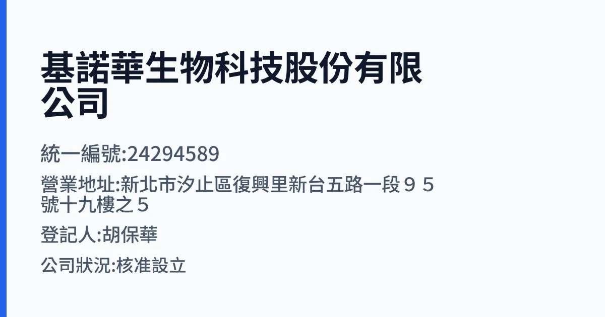 基諾華生物科技股份有限公司 - 統編 24294589(新北市) 公司登記資料與營業項目詳細圖表