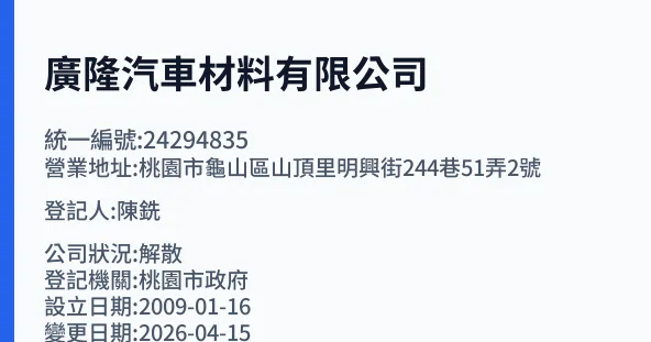 廣隆汽車材料有限公司的照片-統編 24294835(桃園市) 公司登記資料與營業項目詳細圖表